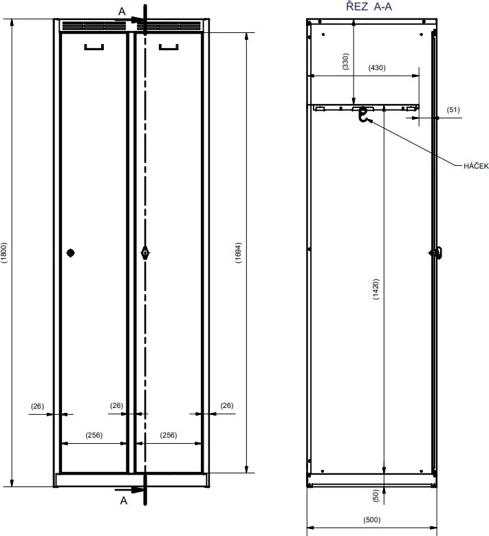 Kovová šatní skříňka S7, 2 oddíly, 1800 x 600 x 500 mm, demont, otočný zámek, šedé dveře