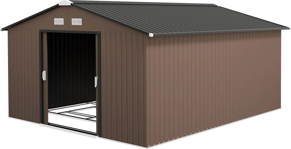 Outsunny Toolhouse 12,4 m², Zahradní Kůlna s Šikmou Střechou, Posuvné Dveře, Základna, 386 x 340 x 200 cm, Kůlna na Nářadí z Pozinkované Oceli, Odoln…