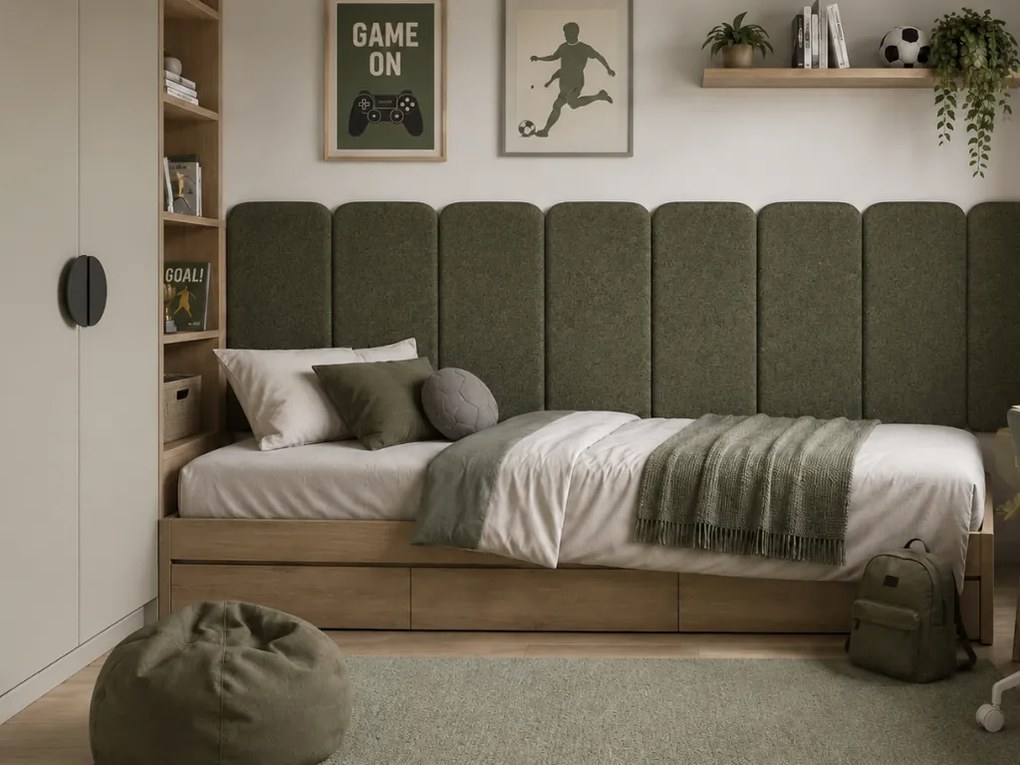 Rovný čalouněný panel na zeď PLYŠ se zaoblenými rohy Zvolte barvu: Světle modrá, Zvolte rozměr: 30x100 cm, Uchycení na zeď: Bez uchycení (možnost použití lepidla)