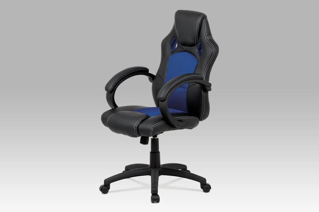Kancelářská židle, houpací mech., černá koženka / modrá MESH, plast. Kříž