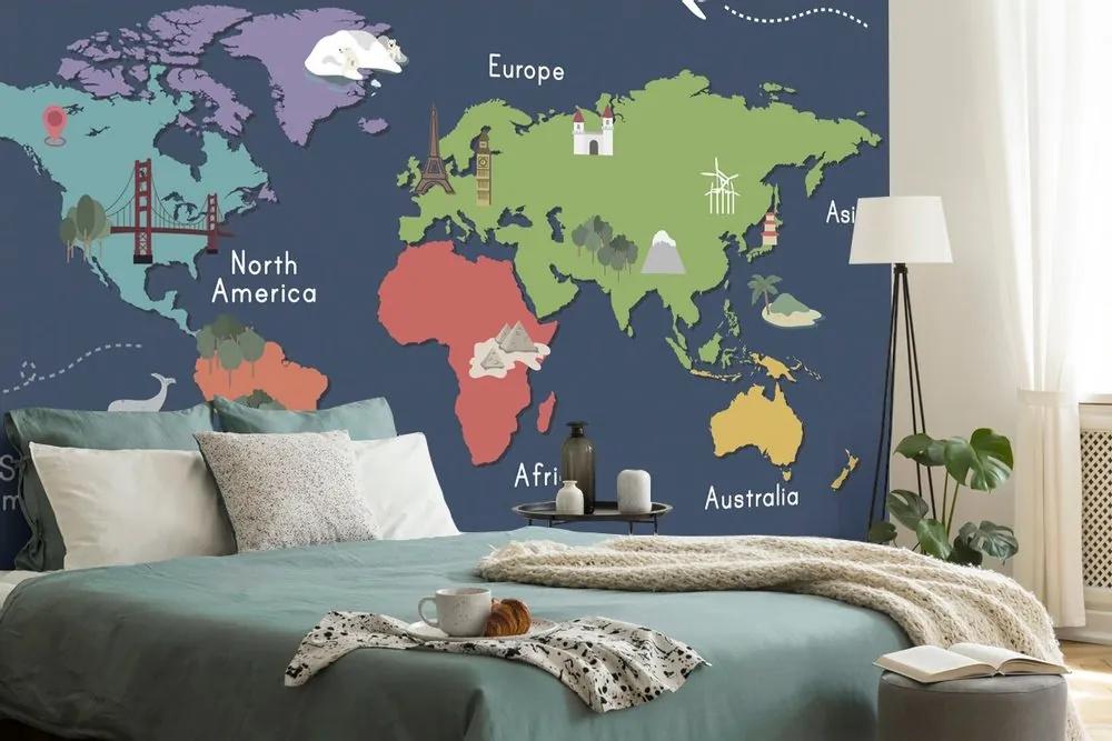Tapeta mapa světa s dominantami - 150x100 cm
