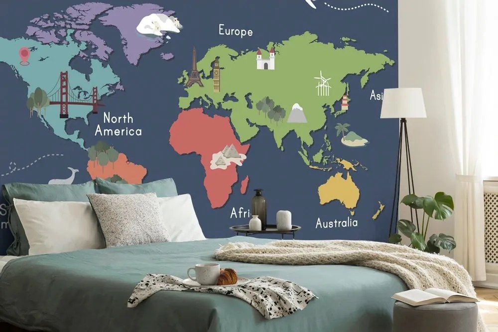 Tapeta mapa světa s dominantami - 300x200 cm