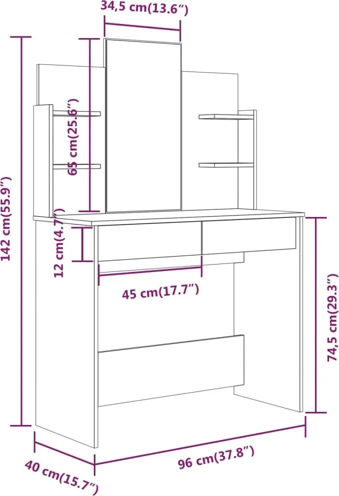 vidaXL Toaletní stolek se zrcadlem 96 x 40 x 142 cm [802832] Barva: Bílá