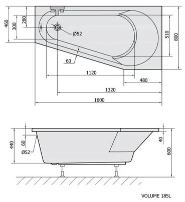 Polysan Projekta Asymetrická vana 160 x 80 cm, pravá - bílá 21111