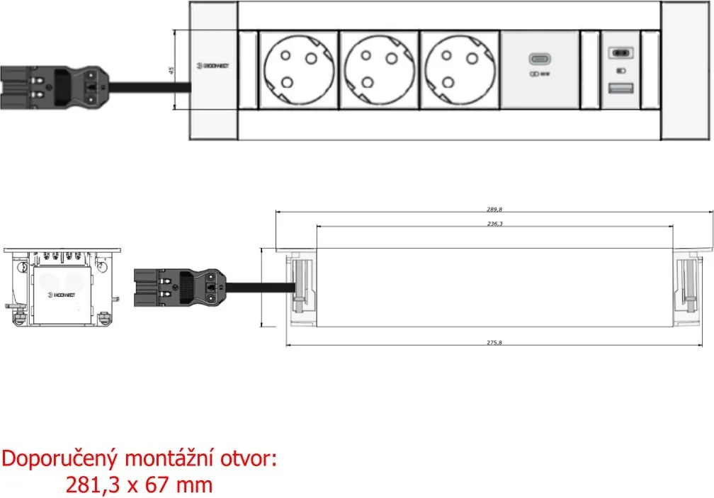 IBConnect Vestavná zásuvka INTRO černá - různé konfigurace Konfigurace elektrozásuvky: 2x230V  + Modul