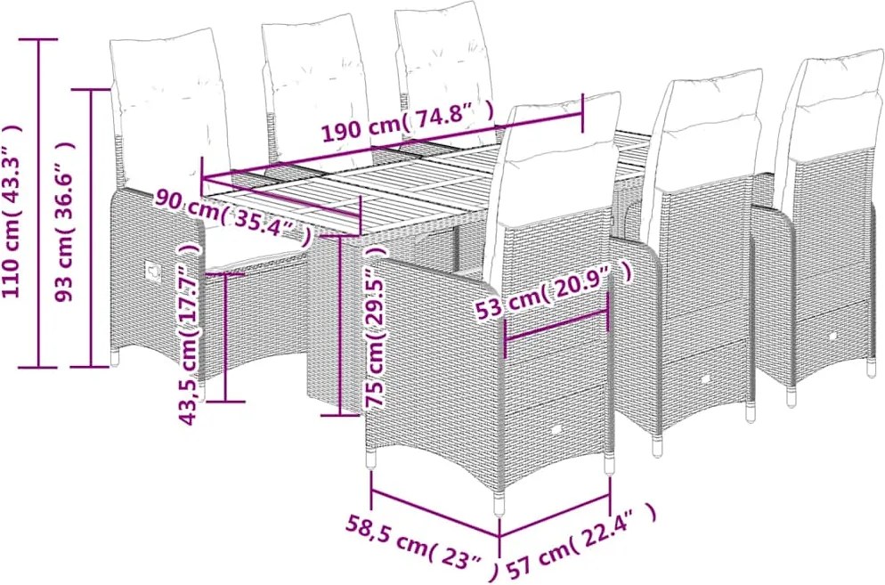 7dílný zahradní bistro set s poduškami černý polyratan 3276984