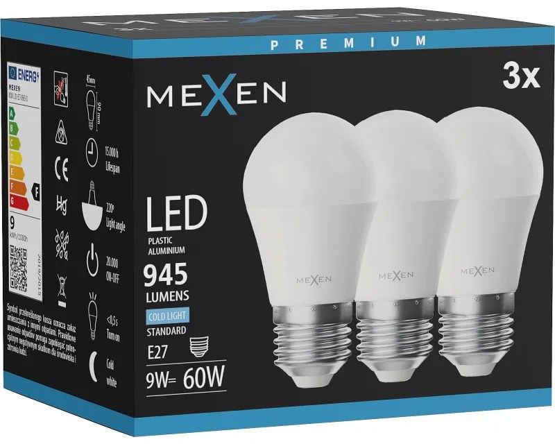 Mexen Nova 3x LED žárovka E27, G45, 9W, Studená - 6500K, 945 lm - L101-E27-0965-01x03