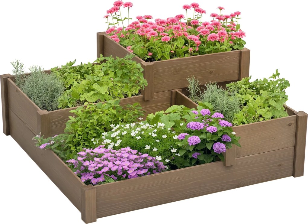 Zvýšený záhon Outsunny s 3 úrovněmi, květinová bedna pro bylinky na terase a balkoně, jedlové dřevo, hnědá, 122 x 122 x 51 cm | Aosom