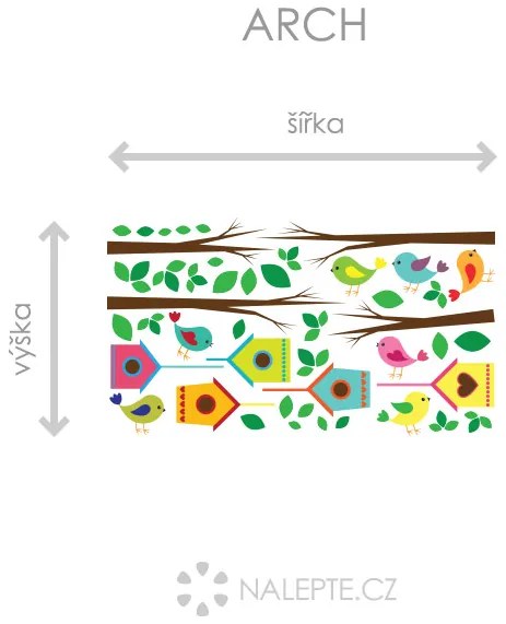 Ptáci a budky textilní přelepitelné samolepky na zeď arch 45 x 25 cm