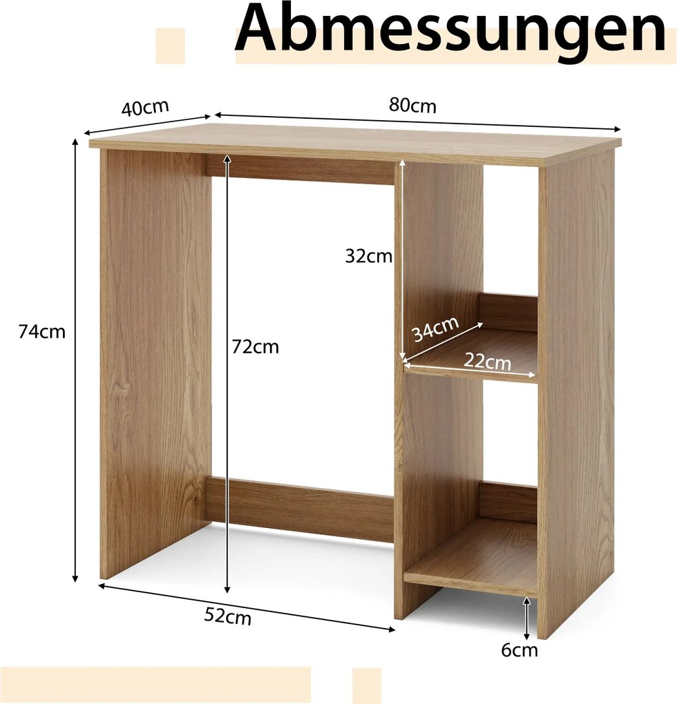 Costway Malý psací stůl s 2 přihrádkami – 80 × 40 × 74 cm, přírodní