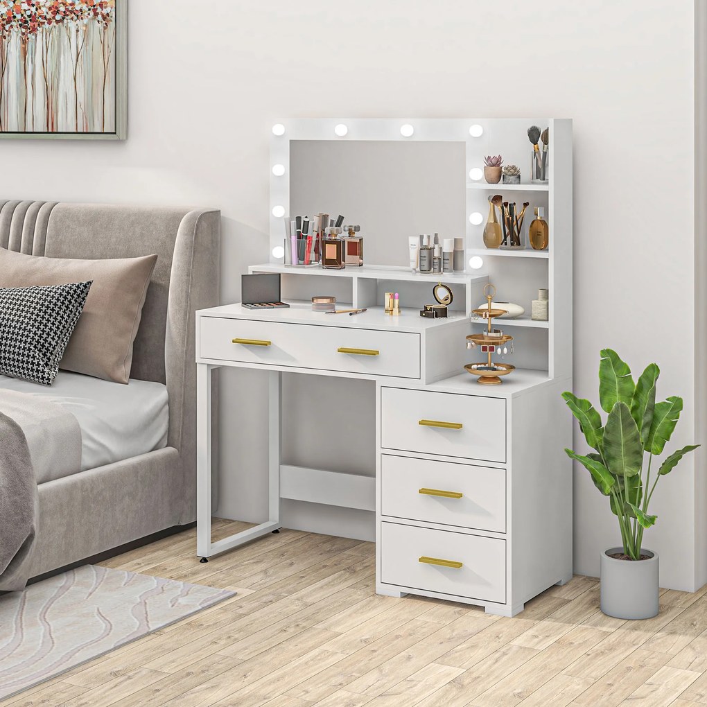 HOMCOM toaletní stolek se zrcadlem a 9 LED světly, 4 zásuvky a 6 otevřených přihrádek, 100 x 40 x 138 cm, bílý