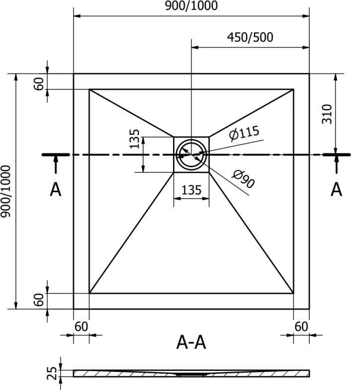 Mexen Stone+, čtvercová vanička z minerálního kompozitu 100 x 100 cm, šedá-betonová, 44611010