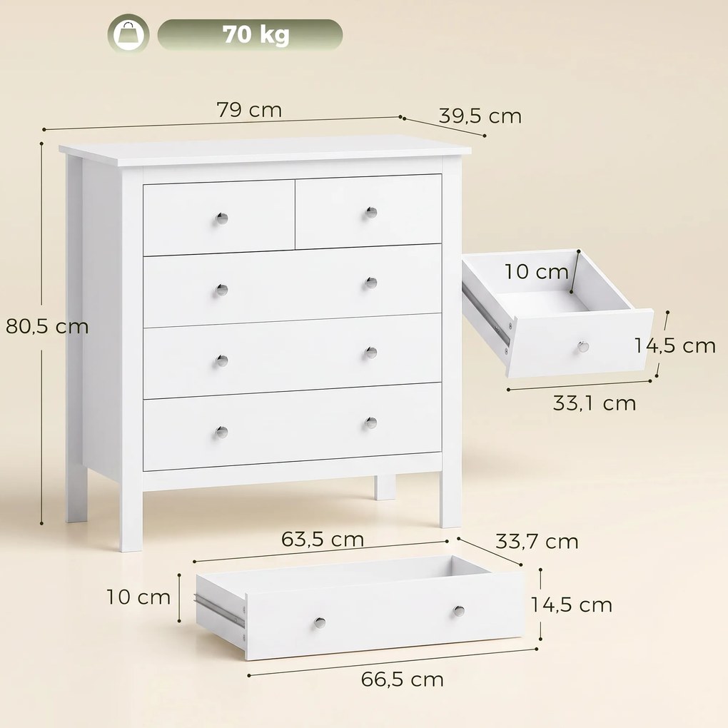 HOMCOM Komoda, příborník, 5 zásuvek, bílá, 79 x 39,5 x 80,5 cm