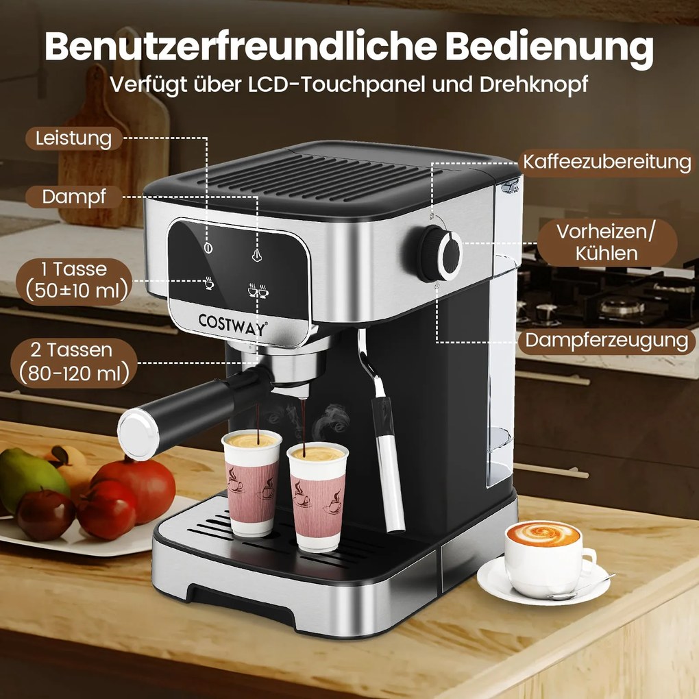 Costway Espresso kávovar 20 Bar 1200 W Espressovač s parním napěňovačem mléka 18