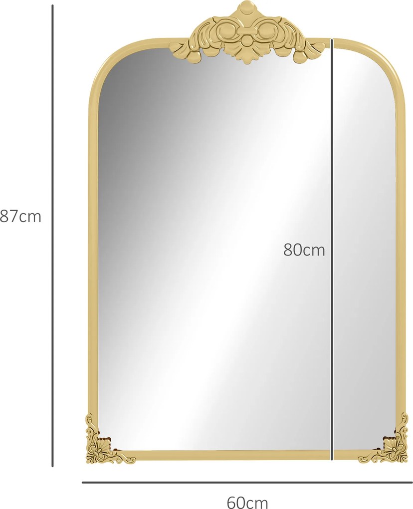 Nástěnné zrcadlo HOMCOM 60 x 87 cm koupelnové zrcadlo v barokním stylu s ozdobným kovovým rámem do obývacího pokoje a ložnice ve zlaté barvě | Aosom.…