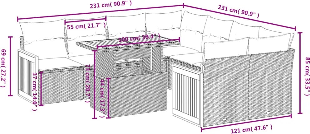 9dílná zahradní sedací souprava s poduškami béžová polyratan 3273887
