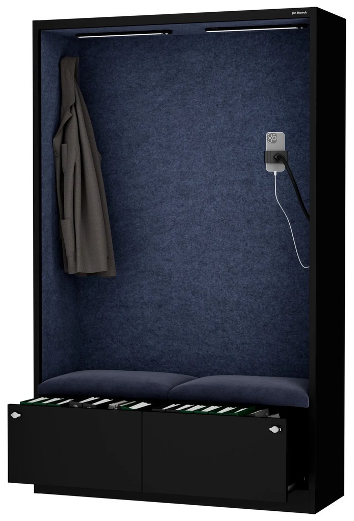 Kancelářská akustická kabina se sedátkem a USB-C portem, korpus černý / sedák námořnická modrá, 1150 mm: SALLY MentalBox