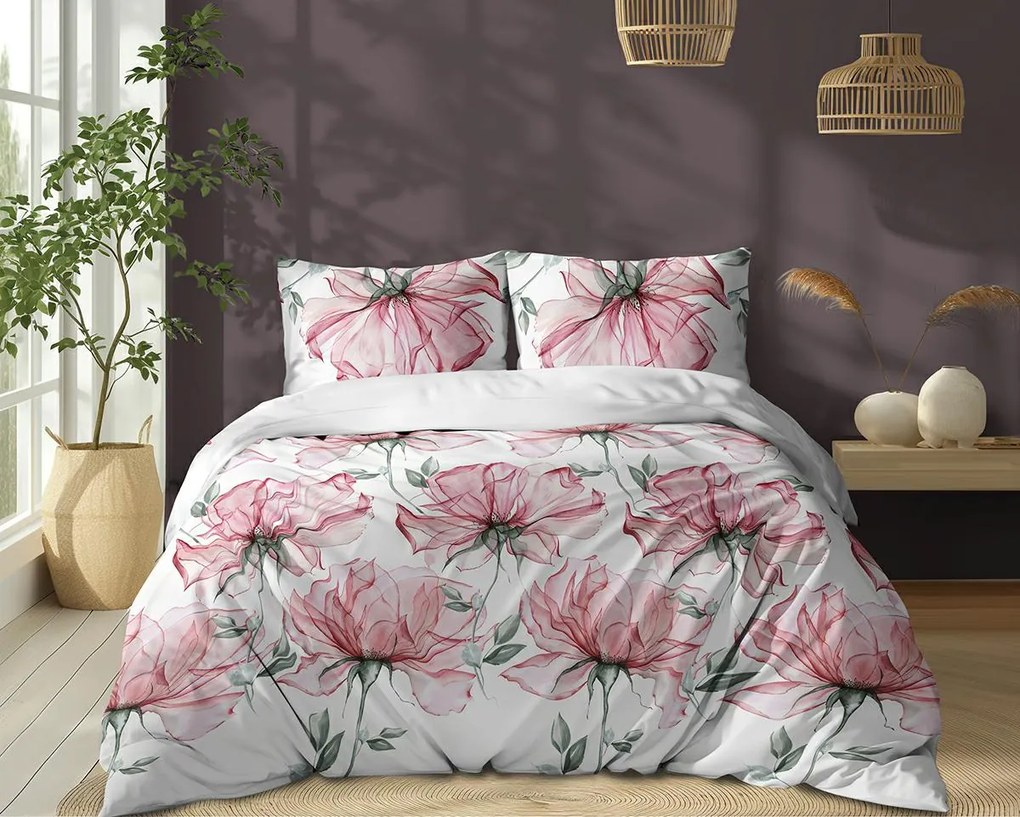 Detexpol Bavlněné ložní prádlo 160x200 bílé s velkými růžovými květy – 5770 A – Cotton Bloom