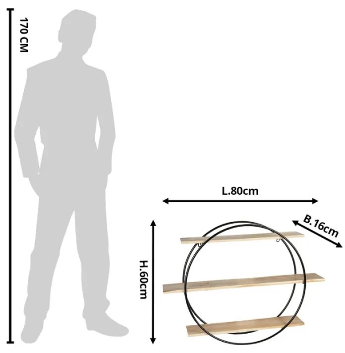 Kulatý kovový nástěnný stojan Circle s poličkami – 80x16x60 cm