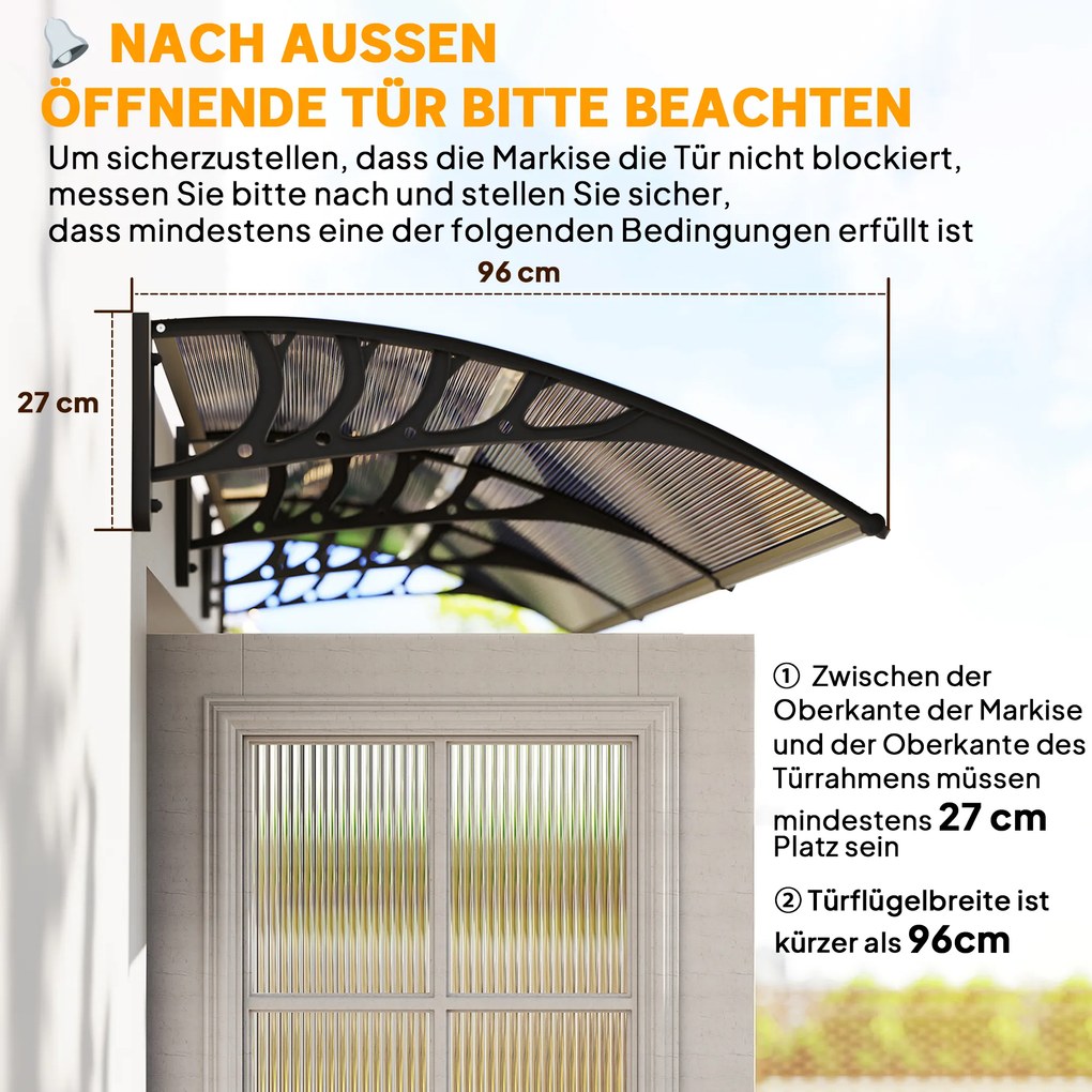 Outsunny Hnědý slunečník 303x96x27 cm pro dveře a okna, chránící proti slunci a dešti, s podpěrami z polykarbonátu a PP