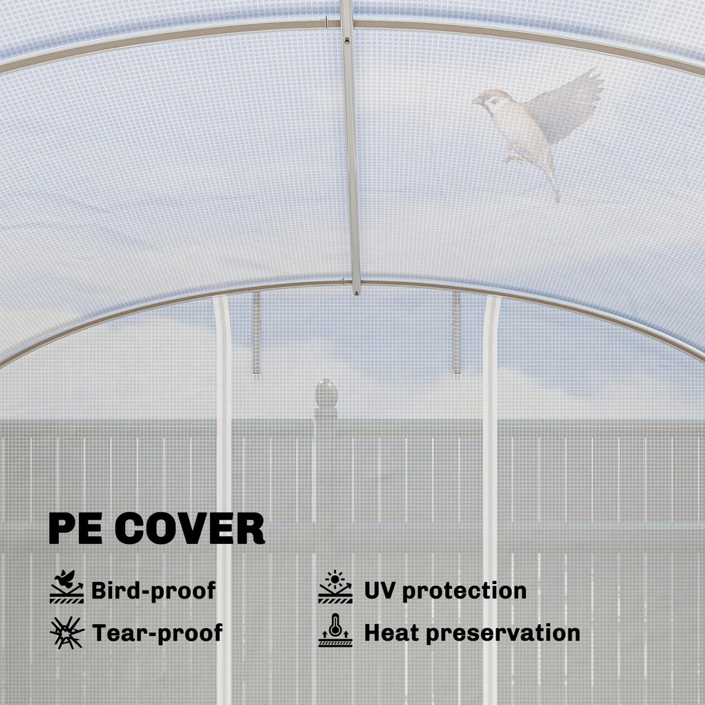 Outsunny tunelový skleník 24 m² — pozinkovaný ocelový rám, rolovací dveře a 2 velká síťovaná okna, plachta 140 g/m², bílá