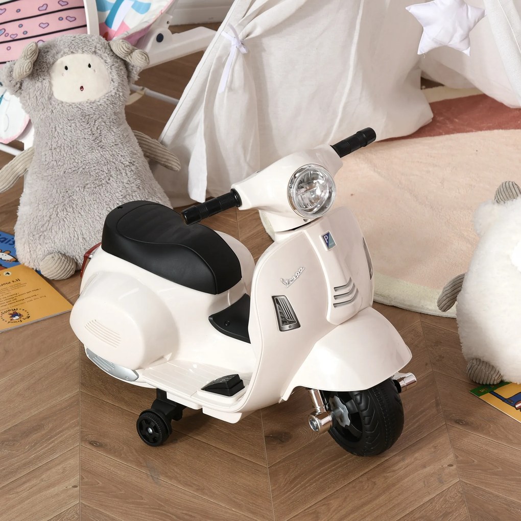 HOMCOM VESPA elektrická motorka pro děti, 18-36 měsíců, 3 km/h, LED světlo a zvuk, PP plast a kov, bílá, 66.5x38x52cm