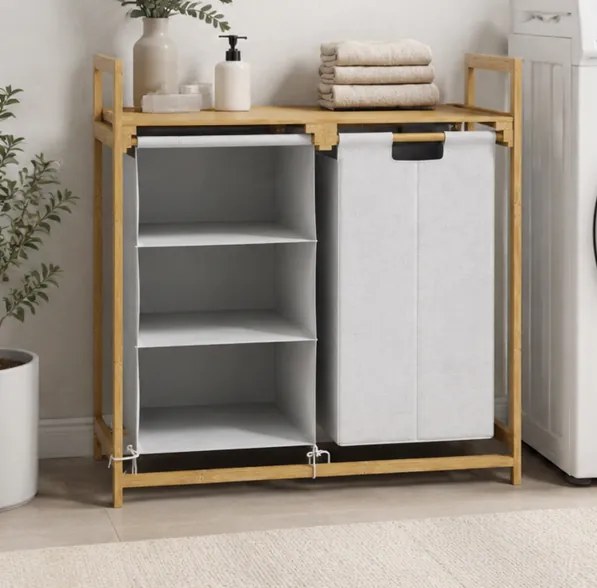 koš na prádlo, objem 83 l, bambus/látka, 70x70x36 cm, přírodní/krémová, Dekorino KP20260028