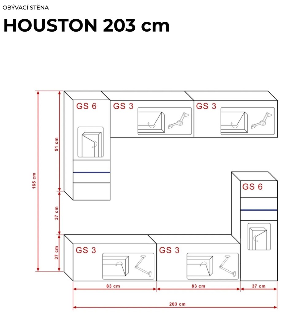 Ral Obývací stěna HOUSTON 2, 203 cm - Černý lesk