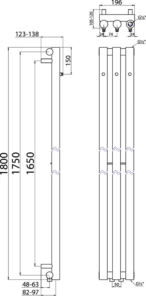Sapho Pilon otopné těleso 1800 x 196 mm se třemi háčky pro ručník středové připojení chrom IZ126T