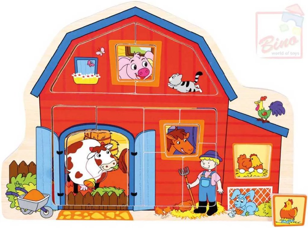 BINO DŘEVO Baby puzzle farma 13 dílků vkládačka domeček ol88118