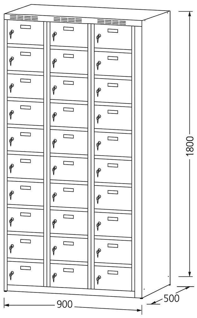 Šatní skříňka S6 s úložnými boxy, 30 boxů, 1800 x 900 x 500 mm, otočný zámek, tmavě šedé dveře