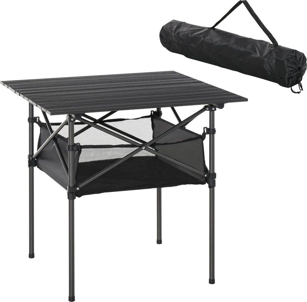 Folding Aluminum Camping Table Outsunny - Skladací stůl s mřížkovou taškou, přenosný piknikový stůl na kempování, zahradní party a balkon, černý 70 x