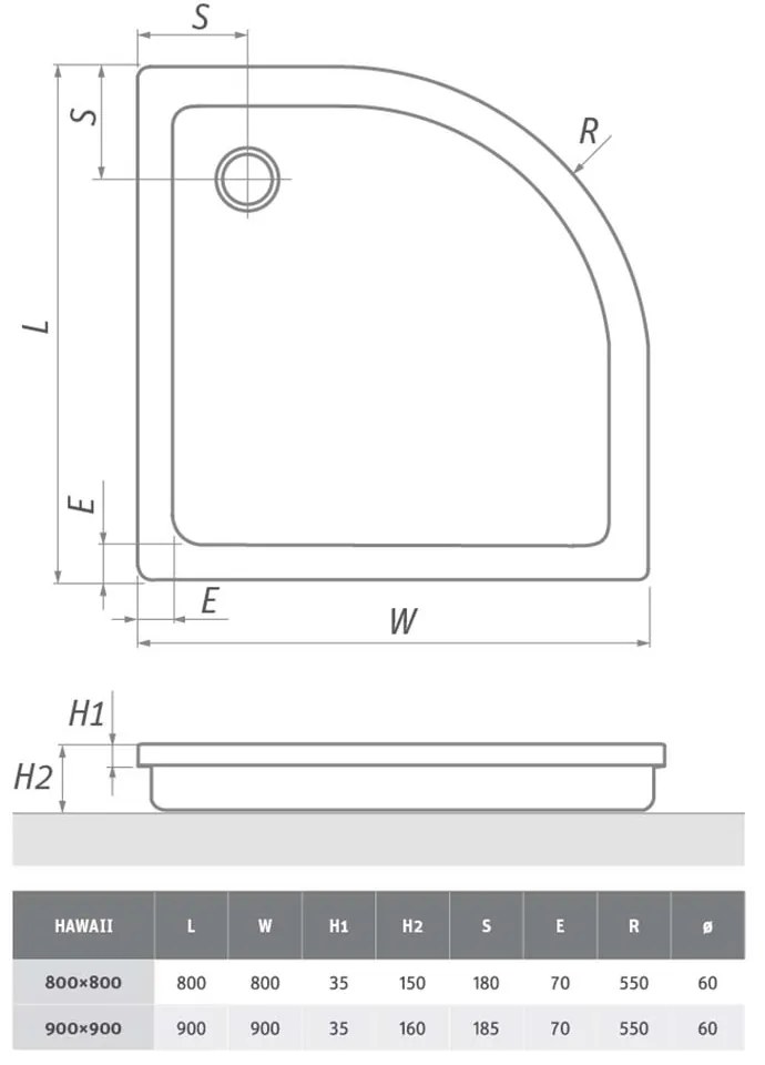 Roth Čtvrtkruhová akrylátová sprchová vanička HAWAII Varianta: rozměry: 80x80 cm - (HAWAII 800 - 8000007)