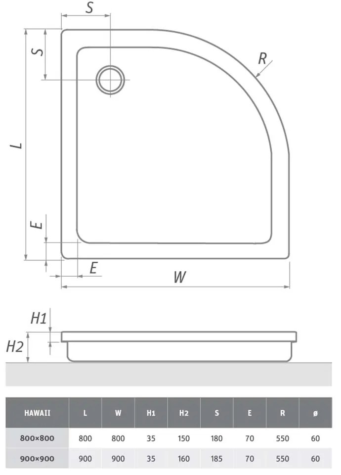 Roth Čtvrtkruhová akrylátová sprchová vanička HAWAII Varianta: rozměry: 90x90 cm - (HAWAII 900 - 8000026)