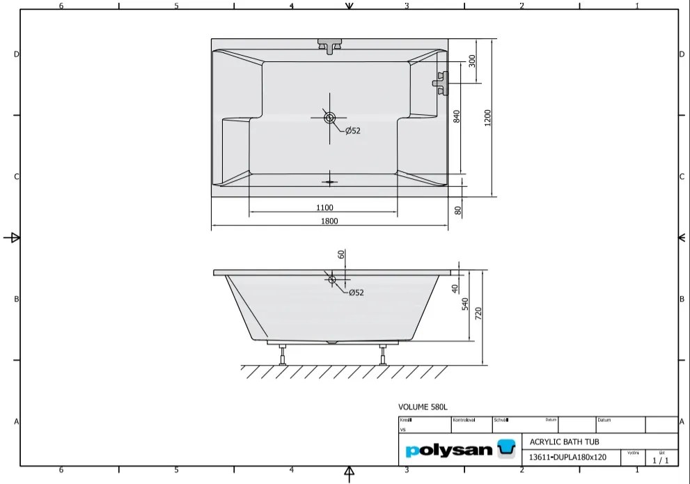 POLYSAN DUPLA obdélníková vana 180x120x54cm, bílá, 13611