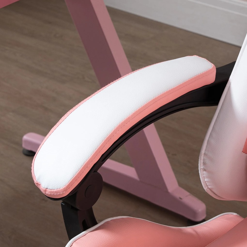 Herní židle Vinsetto židle k počítači ergonomická kancelářská židle s bederní opěrkou hlavy výškově nastavitelná 360° otočná růžová+bílá