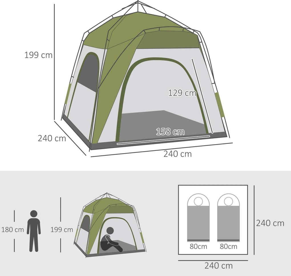 Outsunny Dvojcestný stan pro 4 osoby - Lehce, stabilní, voděodolný, UV 50+ pop-up stan pro kempování s háčkem, dveřmi, oknem, podlážkou, rodinný stan…