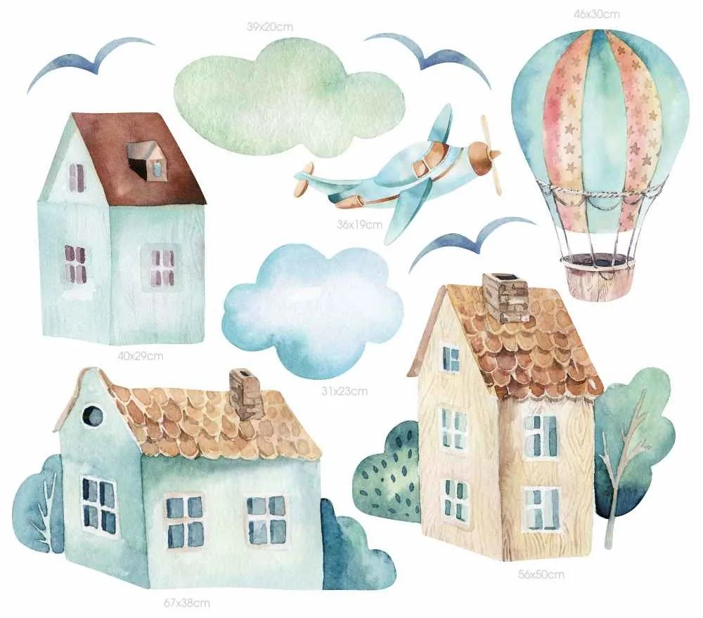 Gario Dětská nálepka na zeď Boys world - letadlo, balón a domy