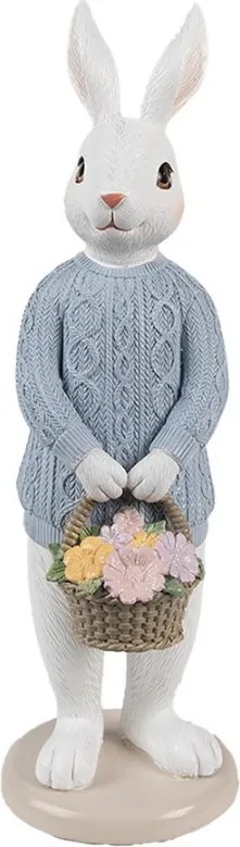 Dekorace králíčí chlapec v modrém svetru a košíkem květin - 9*8*24 cm
