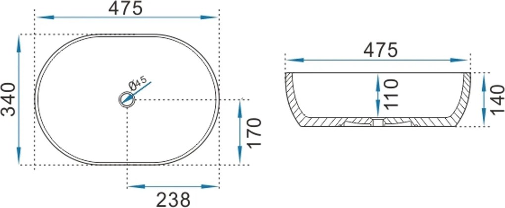 Erga Della, umyvadlo na desku 475x340x140 mm, bílá lesklá, ERG-V03-DELLA48-WH