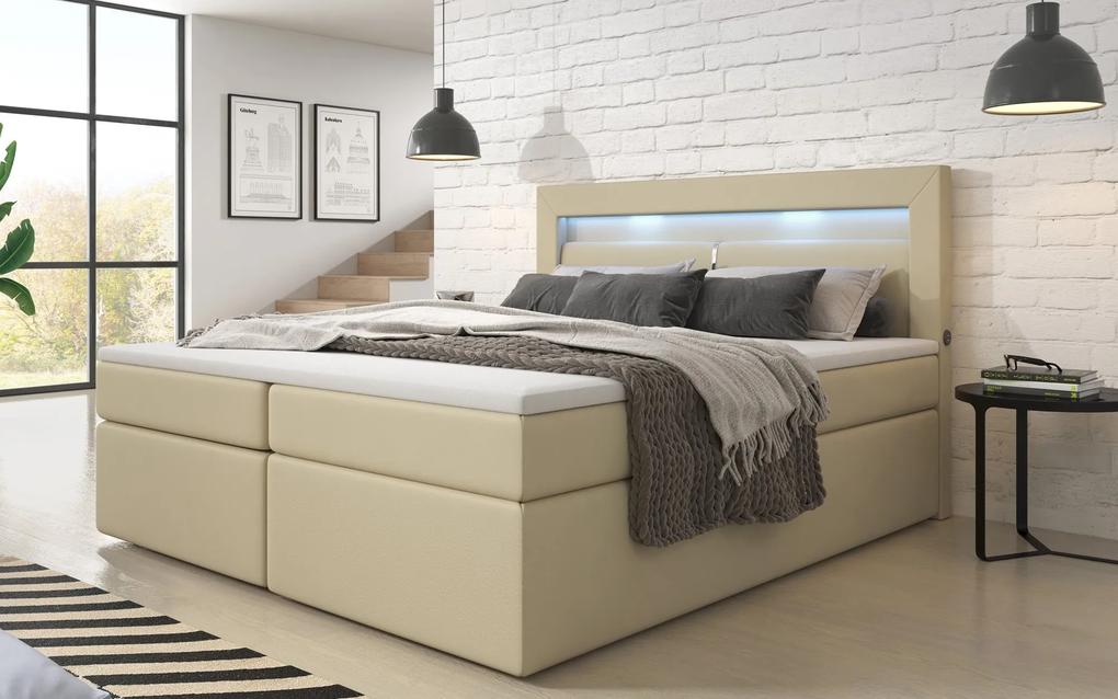Boxspring postel REPOS s úložným prostorem, LED a USB, eko kůže Velikost postele: 160 × 200 cm, Barva EKO kůže: Béžová EKO kůže, Výběr matrace:…