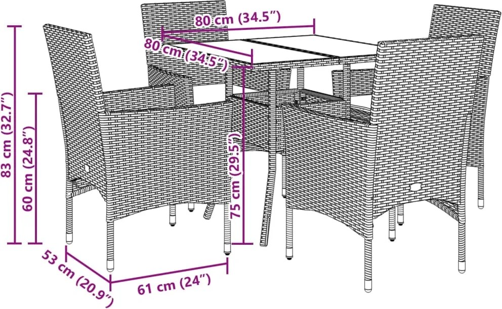 5dílný zahradní jídelní set podušky světle šedý polyratan sklo 3278612