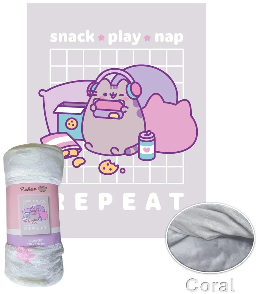 Coral fleece deka kočička Pusheen – motiv Snack ★ Play ★ Nap &amp; Repeat - 130x170 cm