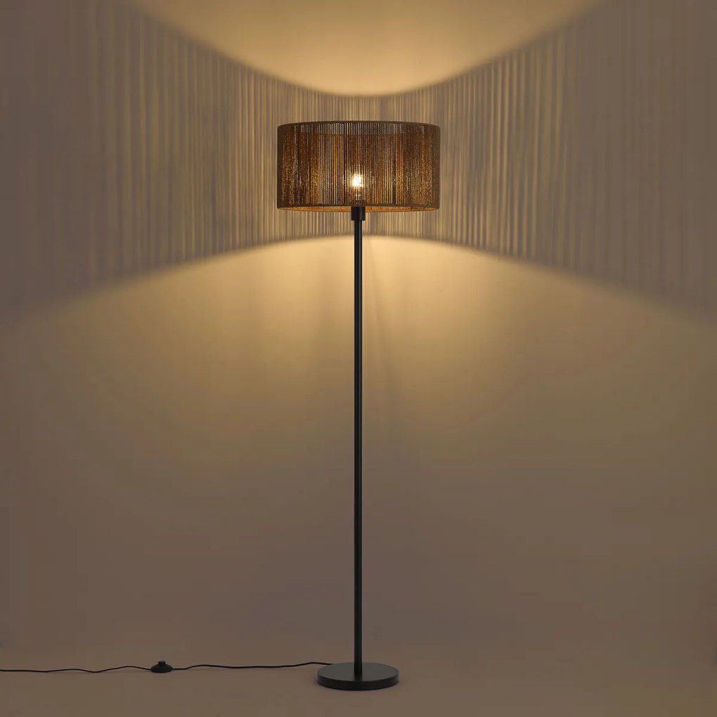 Stojací lampa černá s hnědým stínidlem z papírového provazu 50/50/25 - Simplo