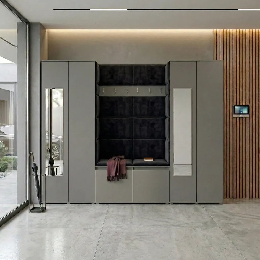 Předsíňová stěna Trinity 10 s čalouněnými panely, 280 cm, grafit/ černá