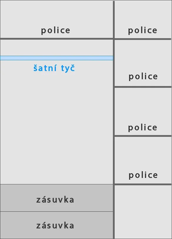 LORIN mo | šatní skříň 1 s nástavcem 17 | 135 cm | výška 236 cm | s policemi, zásuvkami a šatní tyčí | PUSH OPEN | kašmír