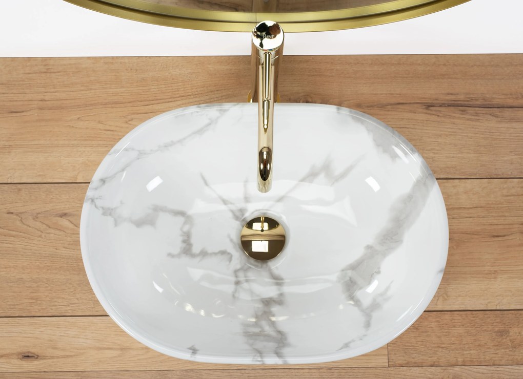 Rea Amelia Marmo Shiny, keramické umyvadlo na desku 480x345x135 mm, imitace kamene, REA-U8001