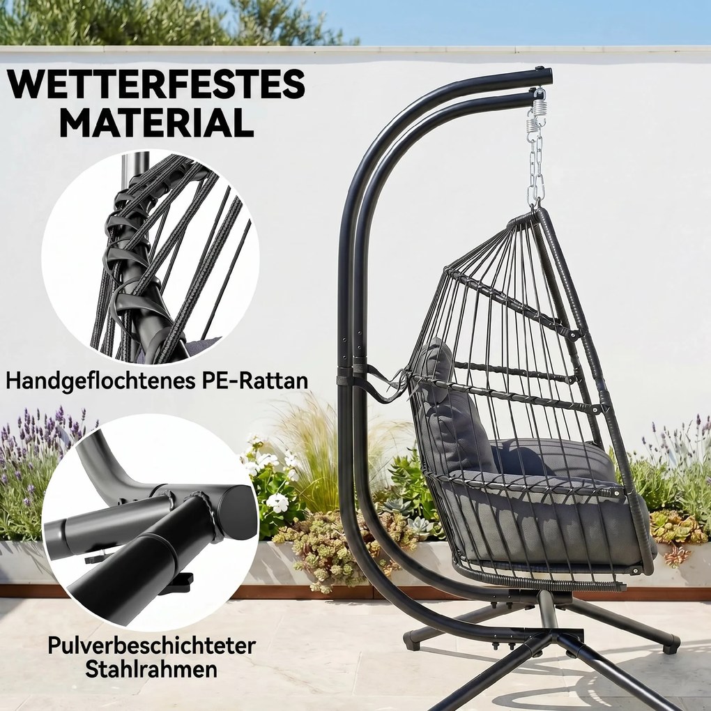 Outsunny závěsné křeslo s skládacím stojanem, závěsný košík s polštářem, ergonomické houpací křeslo z poly ratanového materiálu pro 2 osoby, závěsné …