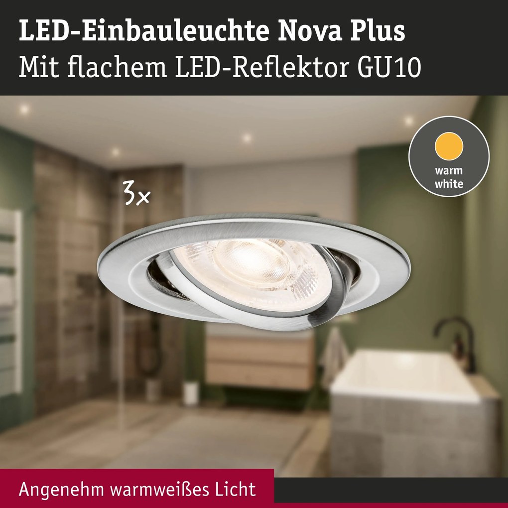 P 92417 LED vestavné svítidlo Nova Plus GU10 Flat IP65 93mm 3x4,9W 230V stmívatelné 2700K kov kartáčovaný - PAULMANN