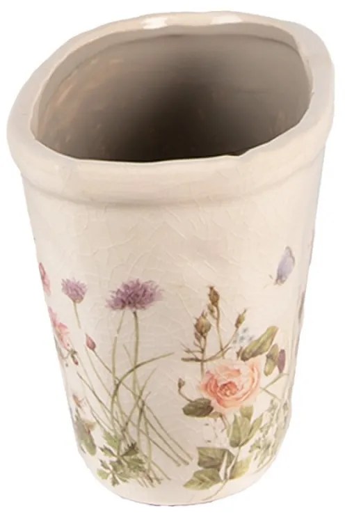 Béžový keramický oválný obal na květináč s kytičkami a motýly Flowers of Love – 23x10x11 cm